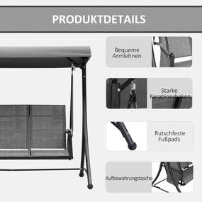 Třímístná hollywoodská houpačka Outsunny, zahradní houpačka se sluneční stříškou, houpací lavice s policí, hliník, šedá, 196 x 128 x 172 cm | Aosom