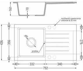 Mexen Pablo 1-miskový granitový dřez s odkapávačem 752 x 436 mm, Černá/Zlatá kovová, sifon Zlatá - 6510751010-75-G