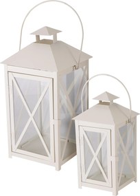 Dekorativní kovová lucerna, sada 2 ks, 20 x 20 x 40 a 15 x 15 x 30 cm - krémová