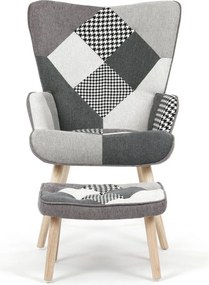 Relaxační křeslo ušák LISA + taburet — masiv, látka, černobílý patchwork