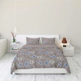 Detexpol Flanelová sada ložního prádla 220x200 taupe s modrými květy - Pastel Flowers - 5633 A