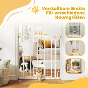 PawHut rozšiřitelná bezpečnostní brána pro psy, 75–85 cm — do dveří a na schodiště, malá dvířka, tlakové uchycení, dvojité zamykání, bílá