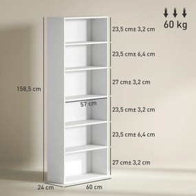 HOMCOM 6patrový úložný regál s nastavitelnými policemi pro obývací pokoj, ložnici, kancelář, 60x24x158,5 cm, bílá