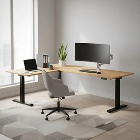 Výškově nastavitelný stůl OfficeTech Angle, 180 x 200 cm, černá podnož, dub zlatý