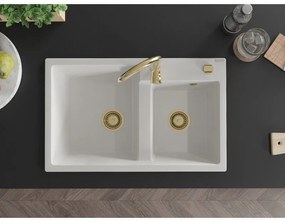 Mexen Tomas, granitový dřez 800x500x190 mm, 2-komorový a zlatá baterie Telma, bílá, 6516-20-670200-50