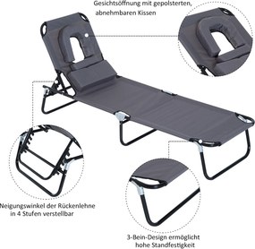 Outsunny lehátko na opalování Zahradní lehátko na třech nohách Relaxační lehátko s okénkem na čtení a otvorem na obličej v šedé barvě, ideální pro re…