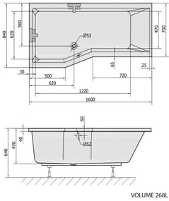 Polysan VERSYS L asymetrická vana s konstrukcí 160x84x70x47cm, bílá, 14711
