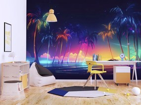 Fototapeta Pláž a barvy - oceán a tropické palmy s neonovými světly