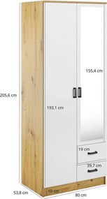 Skříň se zrcadlem 2D2S dub artisan / bílá Kami