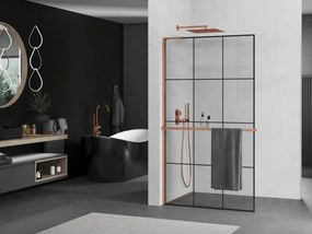 Mexen Kioto+ L, sprchová zástěna Walk-In s poličkou a věšákem 100 x 200 cm, 8mm čiré sklo černý vzor, ​​růžové zlato profil, 800-100-123-60-77