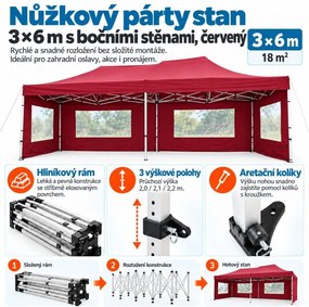 Nůžkový párty stan 3 × 6 m s bočními stěnami, vínový