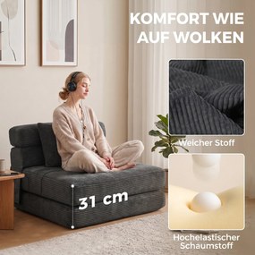 HOMCOM 2-v-1 Boneless Cloud podlahová židle, skládací spací křeslo s kordurovým vzhledem a bederním polštářem, tmavě šedá