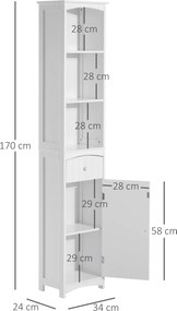 HOMCOM Vysoký Úzký Koupelnový Skříňka s 1 Šuplíkem a 3 Otevřenými Policemi, Moderní Styl pro Obývací Pokoj, Koupelnu, Kuchyň 34x24x170 cm Bílá
