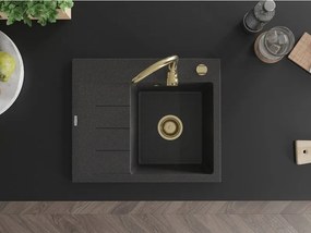 Mexen Ben, 1-komorový granitový dřez 600x500x190 mm, pravý + zlatý sifon, černá skvrnitá, 6523605000-76-G