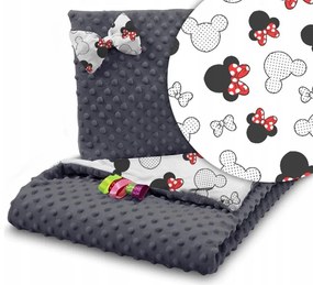 Dětská deka do kočárku s polštářkem a motýlkem - BABYMAM PREMIUM set 3v1 - Myška Minnie s grafitovou minky