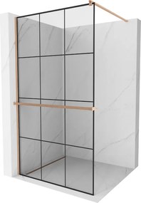 Mexen Kioto+, sprchová zástěna Walk-In s poličkou a věšákem 120 x 200 cm, 8mm čiré sklo černý vzor, ​​měděný matný profil, 800-120-121-65-77