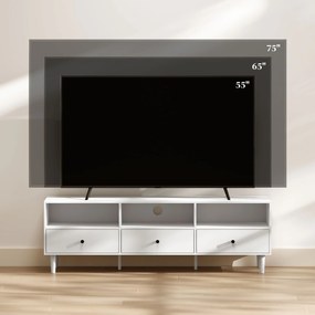 TV stolek HOMCOM s přihrádkami a šuplíky, 140 cm dlouhý TV konzole pro TV do 75 palců s úložným prostorem a organizací kabelů, bílý 140x34x45cm
