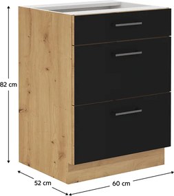Spodní skříňka se zásuvkami, černý mat / dub artisan, Monro 60 D 3S BB
