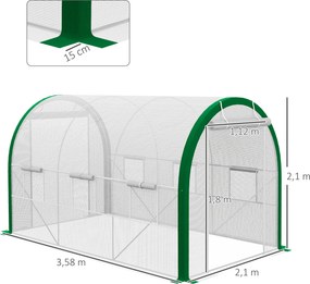 Fóliový skleník Outsunny 3,58 x 2,1 x 2,1 m, tunelový skleník s rolovacími dveřmi pro zahradu a balkon, pozinkovaná ocel, bílý