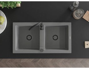 Mexen Mario, granitový dřez 820x436x161 mm, 2-komorový, šedá s černým sifonem, 6504822000-71-B