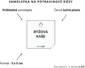 RÝŽOVÁ KAŠE - omyvatelná samolepka na dózu, výběr rozměrů Ø 5 cm / 5 x 5 cm / 6 x 8 cm | DomaLEP tvar: ČTVEREC, barva: PRŮHLEDNÁ - ČERNÉ písmo, velikost: š. 5 cm x v. 5 cm - tučné písmo
