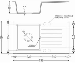 Mexen Pablo, granitový dřez 752x436x161 mm, 1-komorový, černá-zlatá metalíza se zlatým sifonem, 6510751010-75-G