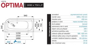 Santech OPTIMA 169 x 75 cm SAOPT169P vana akrylátová pravá