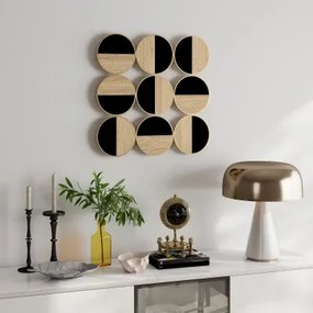 HOMCOM geometrický dekorativní nástěnný obraz, moderní 3D nástěnná dekorace 60x60 cm s plastovým zrcadlem, černá a přírodní dřevo