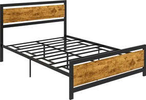 HOMCOM Jednolůžkový rám postele z dřeva a oceli 147x208x103cm, Integrované lamely a čelo v industriálním stylu, Černé a rustikální hnědé | Aosom