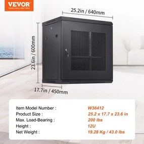 Síťová serverová skříň pro montáž na stěnu 12U, hloubka 39,4 cm