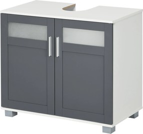 Kleankin Skříňka pod umyvadlo s 2 Dveřmi z Temperovaného Skla a Nastavitelnou Policí 69x35x59 cm Bílá a Šedá | Aosom