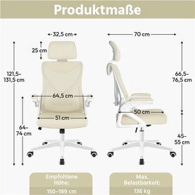 Kancelářská židle Yaheetech – béžová, 70 cm (délka) × 70 cm (šířka) × 121,5 cm – 131,5 cm (výška), polyesterová tkanina piké (267591701991)