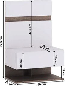 Noční stolek, bílá extra vysoký lesk HG / dub sonoma tmavý truflový, LYNATET TYP 95 [0000042541]