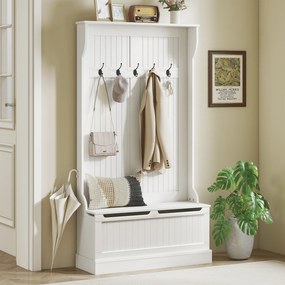 HOMCOM věšák na kabáty s botníkem a lavičkou, organizační prvek do předsíně, s 5 háčky a úložným prostorem, 96x34x179,7cm, slonová kost