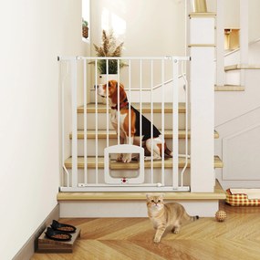 PawHut rozšiřitelná bezpečnostní brána pro psy, 75–85 cm — do dveří a na schodiště, malá dvířka, tlakové uchycení, dvojité zamykání, bílá
