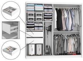 Šatní skříň 200 cm Belini bílý mat / bílý lesk s posuvnými dveřmi zrcadlem a zásuvkami  MGB SZP5/1/W/1L5W/KLAL