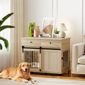 PawHut domácí psí klec, 100 × 56 × 81 cm, s kolečky, zásuvkou, posuvnými dveřmi a zamykatelným bočním vstupem — dub