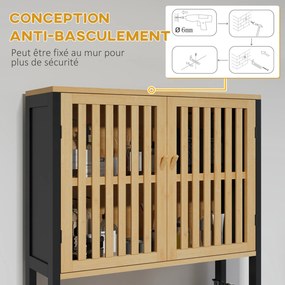HOMCOM Kleankin Regál nad WC s koupelnovou skříňkou a 2 dveřmi, otevřeným policí 60D x 21,5Š x 172V cm, bambus - Přírodní dřevo a černá