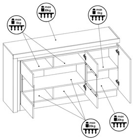 Komoda s prosklením Lyon, bílá lesk, s osvětlením