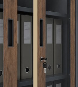 Kovová skříň s vitrínou antracitová / ořech: Eco Design AMELIA, 900 x 1850 x 400 mm