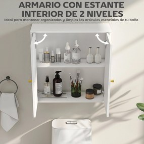 HOMCOM Koupelnová nástěnná skříňka s regály, 2 dveře s obloukovým designem a zlatými úchyty, 60x20x60 cm, bílá