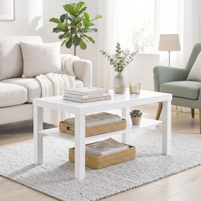 HOMCOM konferenční stolek do obývacího pokoje, obdélníkový odkládací stolek se 2 úrovněmi a odkládací přihrádkou, 90x45x44,5 cm, bílá