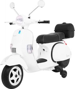 Ramiz Elektrický skútr Vespa pro děti bílý + pomocná kolečka + audio + ekokůže + EVA + plynulý start