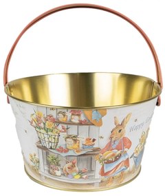 Hliníkový dekorační kyblík s velikonočním motivem zajíčků a vajíček Happy Easter – 19x10 cm