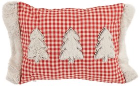 Bílo-červený károvaný polštář se stromky Snow - 32*24 cm