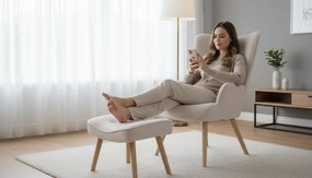 Křeslo ušák ERGODO SIESTA + podnožka - masiv, manšestr, krémová / přírodní