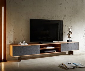 TV stolek Teele 240 cm přírodní akácie břidlice 4 dvířka podnož