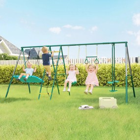 houpací rám 5 v 1 s nastavitelným hnízdem Gymnastické kruhy Dvoumístná prolézačka pro 3-8 let 440x175x203 cm
