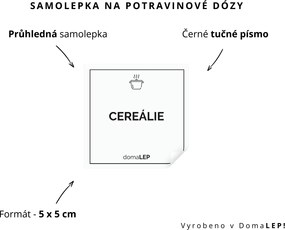CEREÁLIE - omyvatelná samolepka na dózu, výběr rozměrů Ø 5 cm / 5 x 5 cm / 6 x 8 cm | DomaLEP tvar: KOLEČKO, barva: PRŮHLEDNÁ - ČERNÉ písmo, velikost: Ø 5 cm - tučné písmo