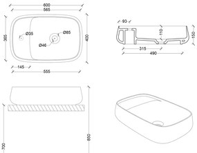 Sapho, AVENTIN keramické umyvadlo 60x40 cm, včetně keramické výpusti, VN060